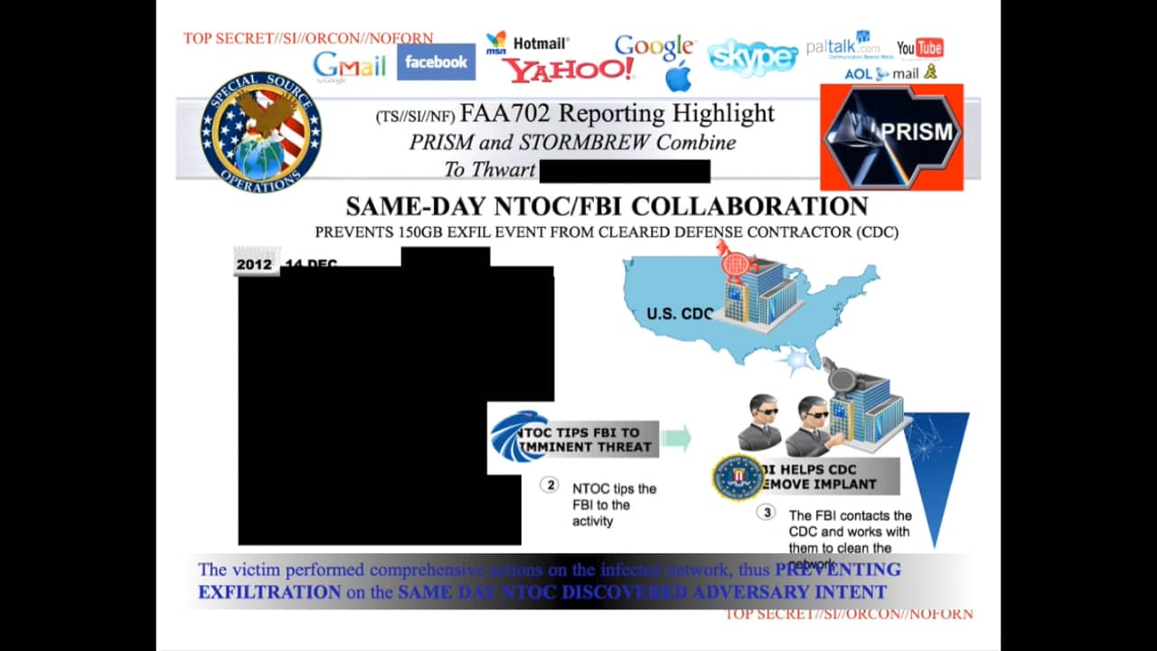 A re-enactment of an NSA worker presenting the PowerPoint 'PRISM:US ...