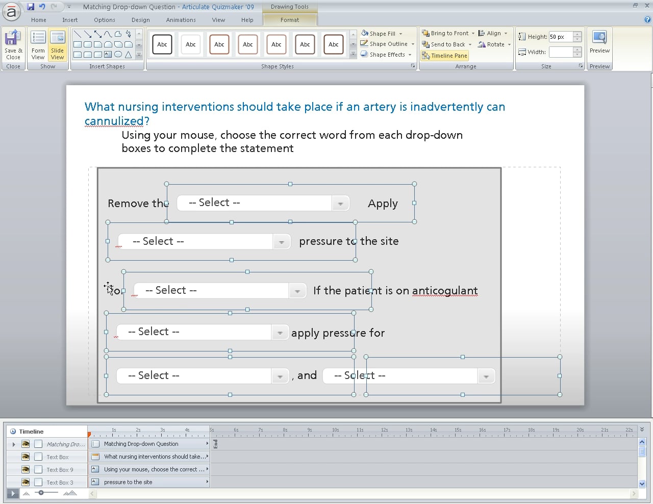 Using the drop-down boxes to complete a statement or paragraph. # ...
