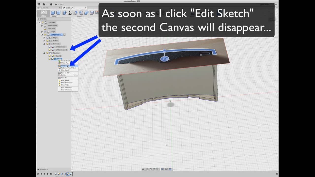 Autodesk Fusion 360 bug: second canvas disappear on edit sketch command within a component on Vimeo