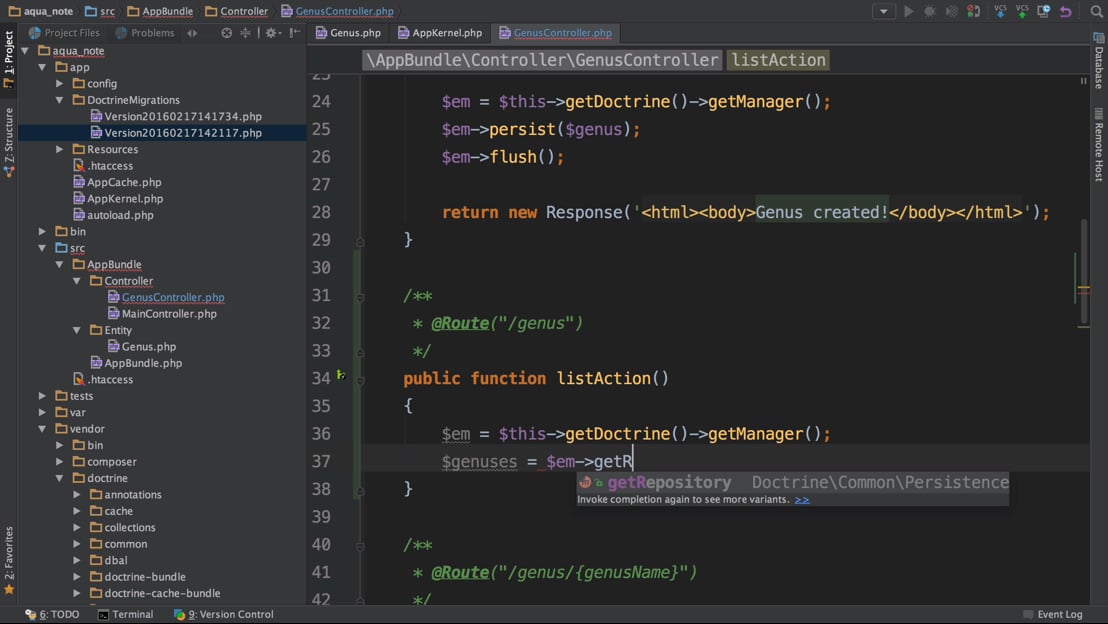 Query for a List of Genuses > Symfony 3: Doctrine & the Database | SymfonyCasts