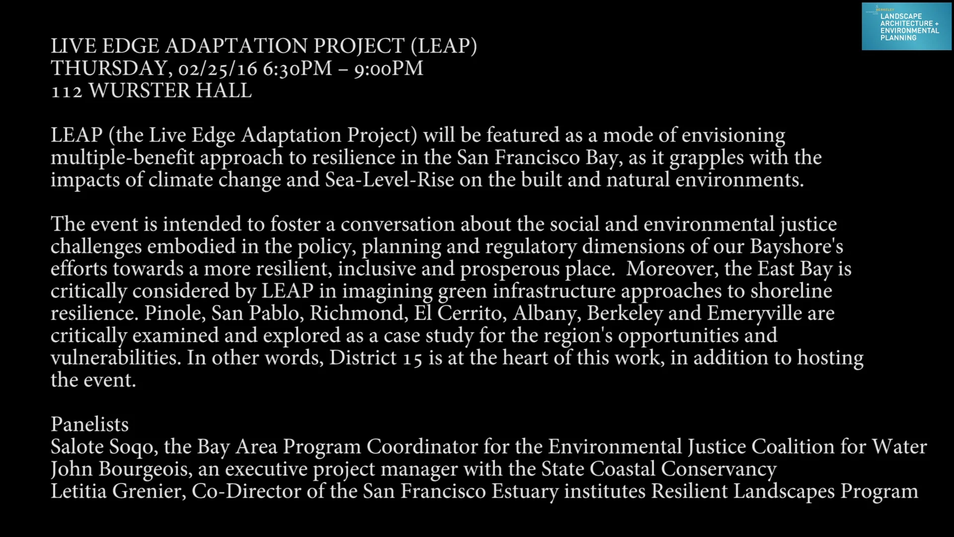 LAEP - LIVE EDGE ADAPTATION PROJECT (LEAP) - 2.25.12 Landscape Presentation on Vimeo