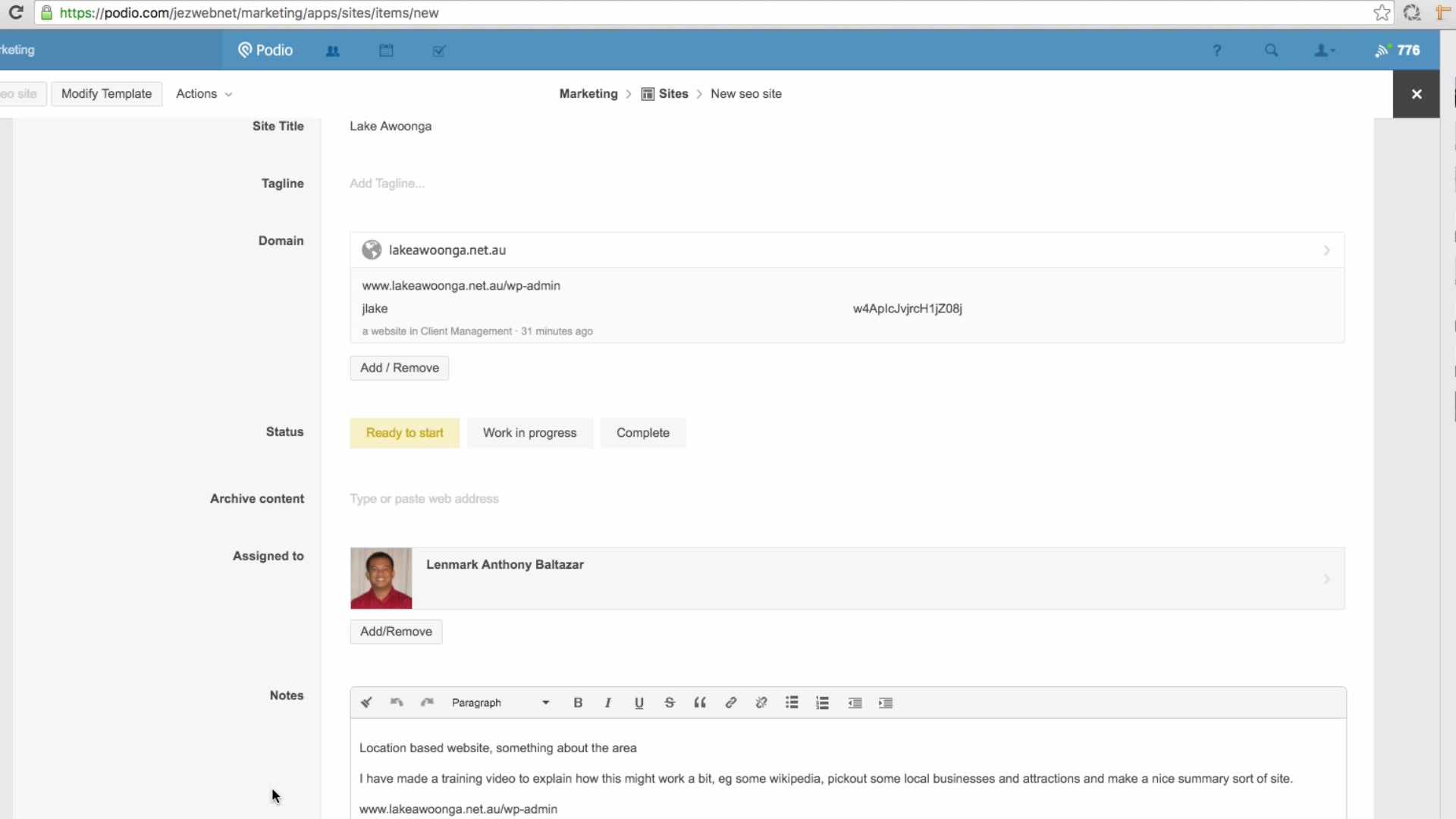 Setup the seo site build task in podio on Vimeo