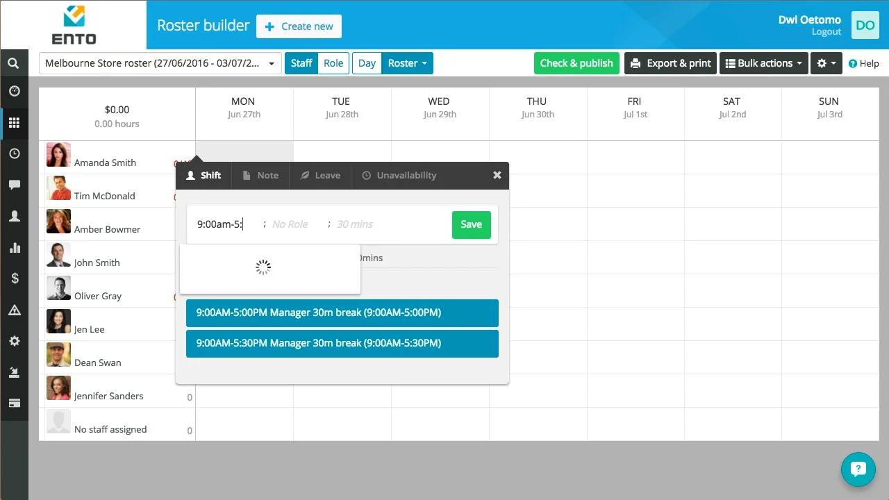 Ento - Manager introduction to the dashboard, rostering & unavailability