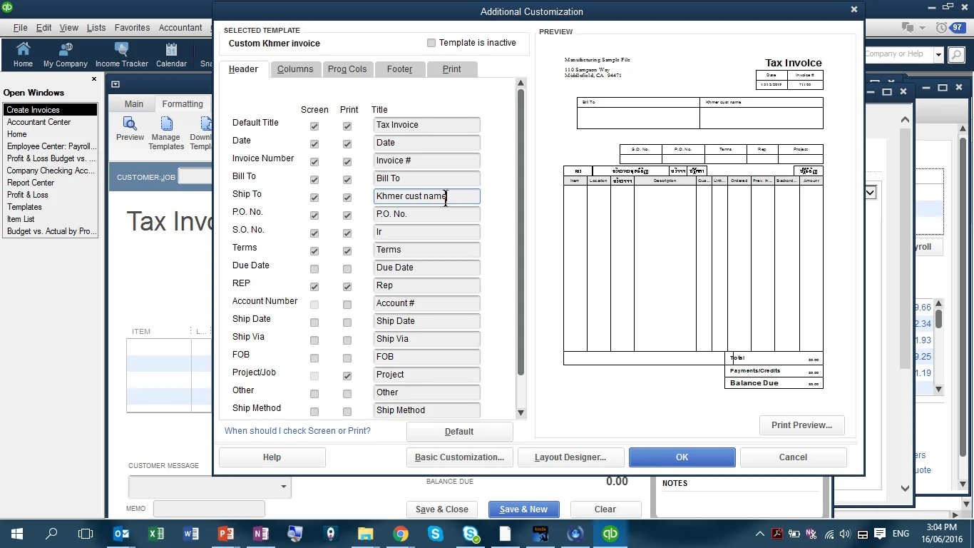 Khmer invoices in QuickBooks