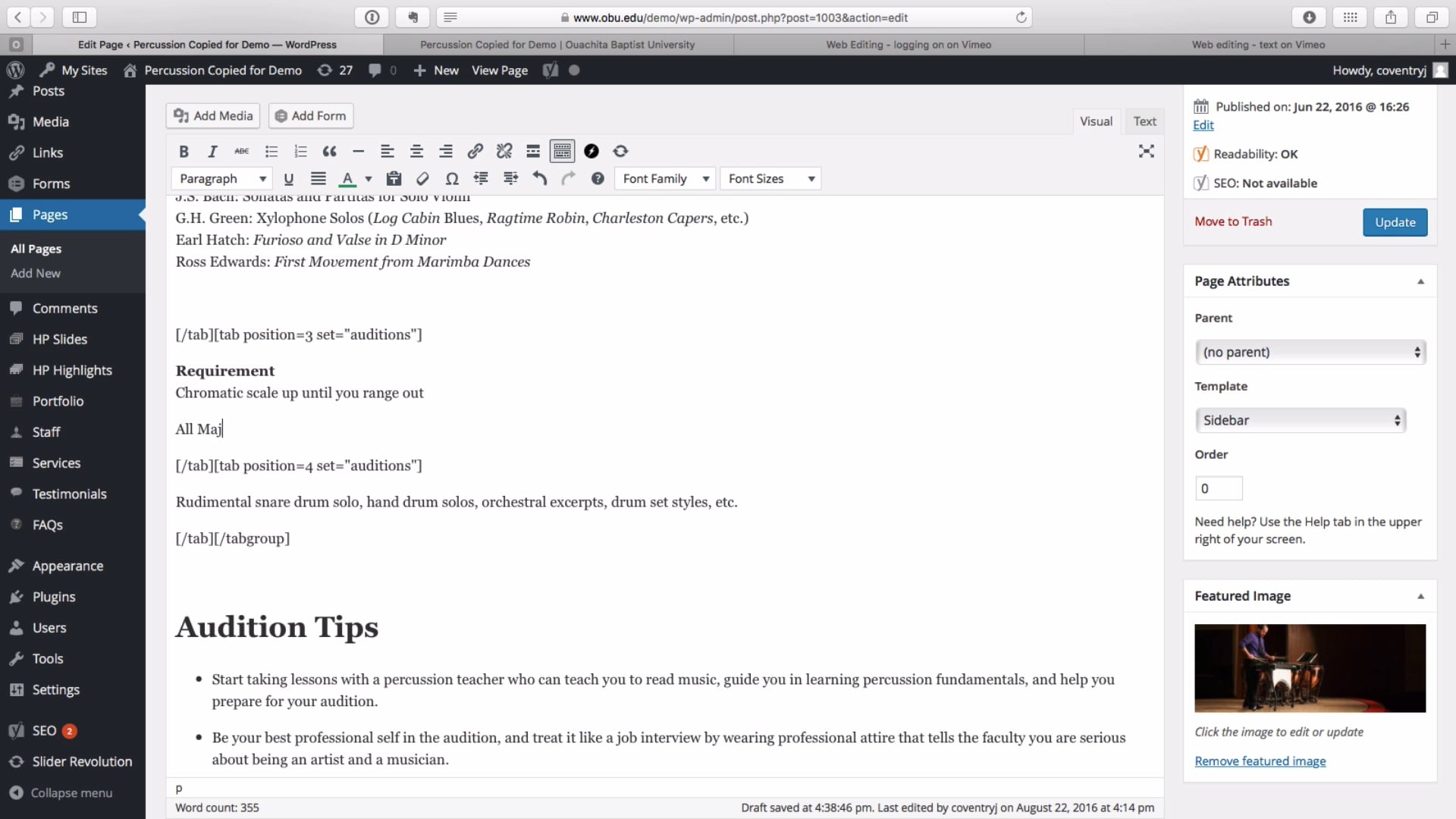 Web Editing - menu tabs on Vimeo