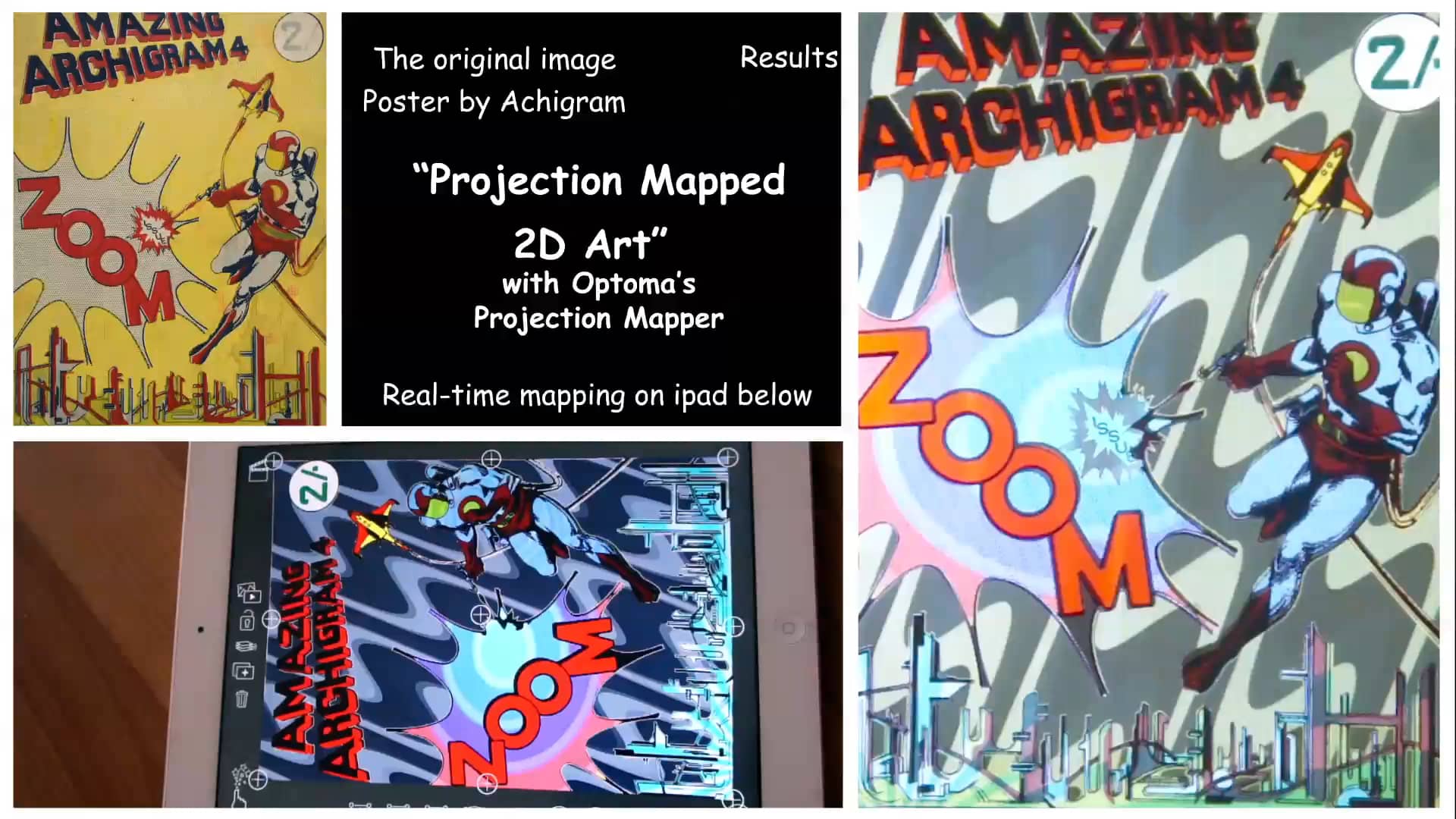 Projecion Mapped 2D Art - Archigram Poster using the IOS Android Optoma mapper app on Vimeo