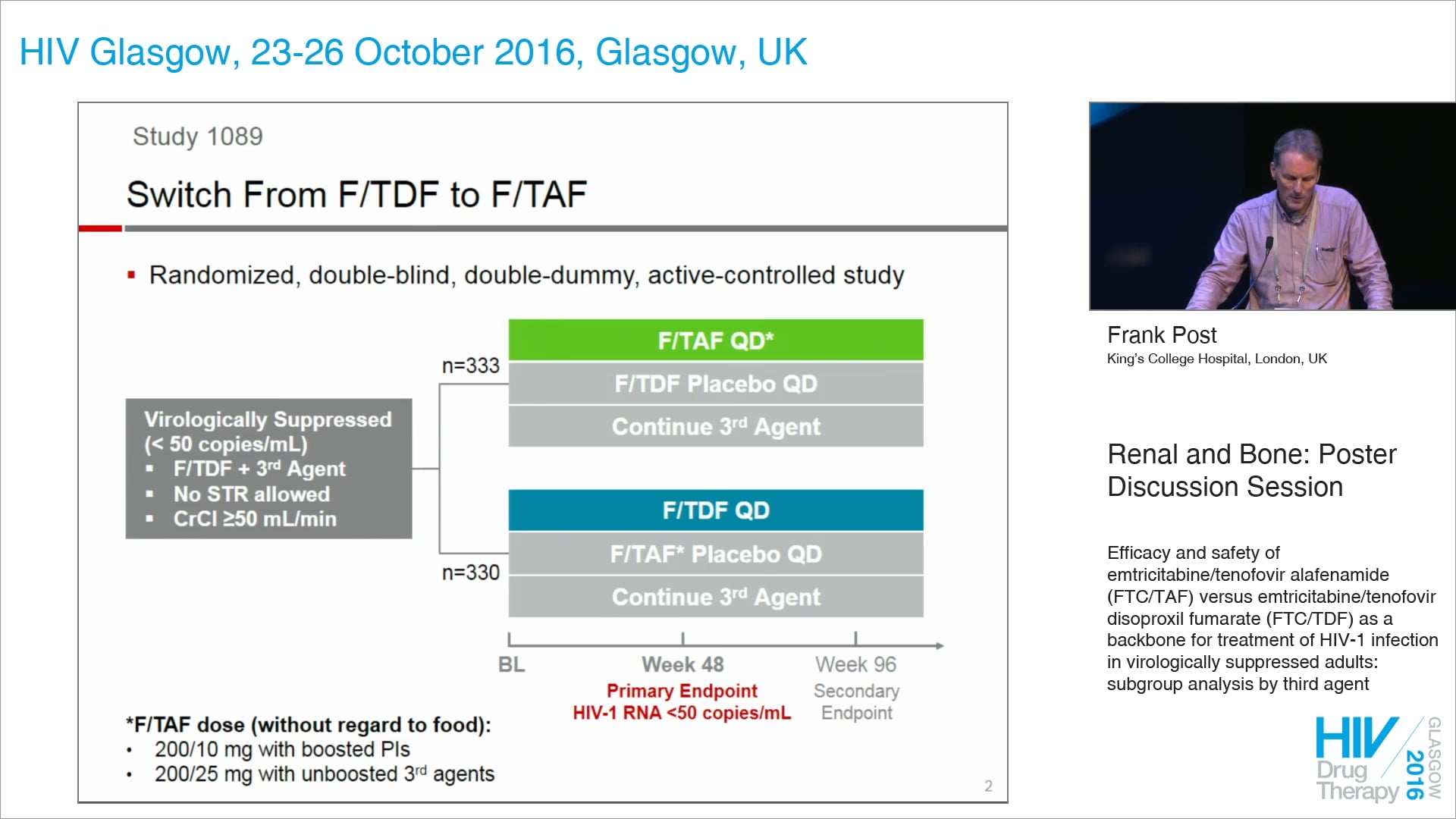 HIV Glasgow: Efficacy-safety of FTC-TAF vs FTC-TDF as backbone for ...