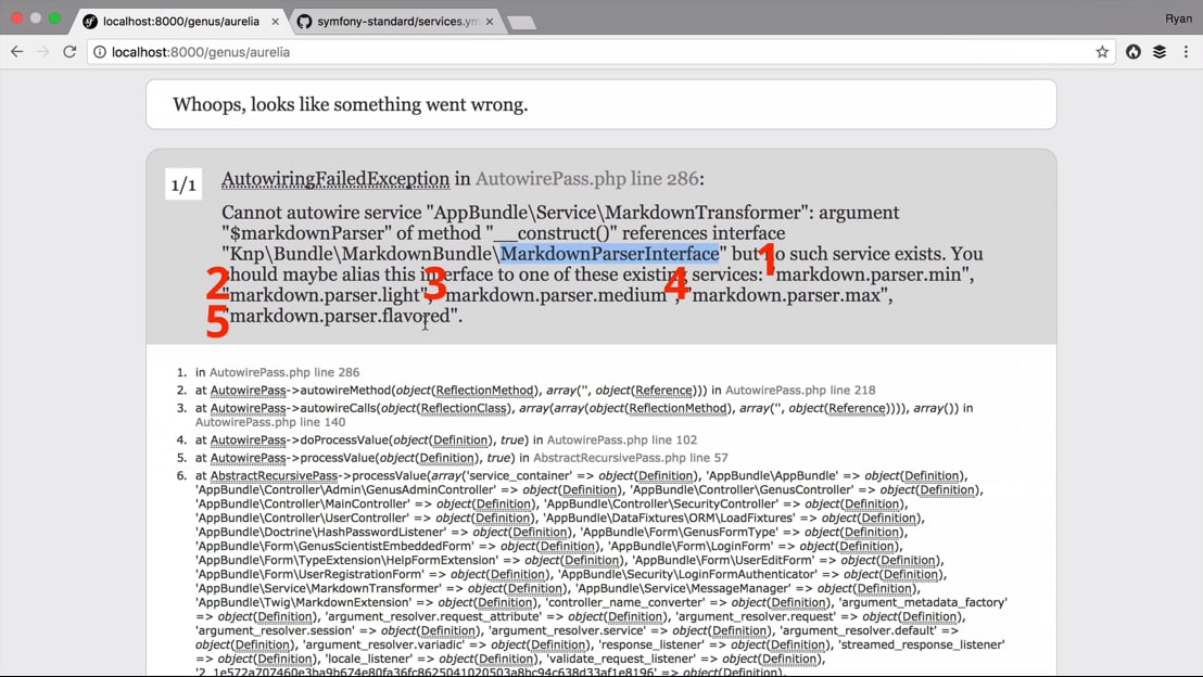 Aliases & When Autowiring Fails > Symfony 3.3: Upgrade, Autowiring & Autoconfigure | SymfonyCasts