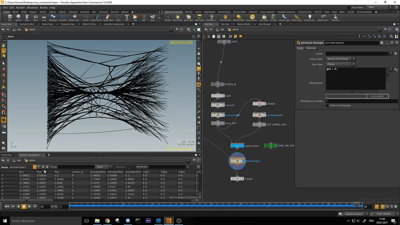 Houdini web-like wire constraints