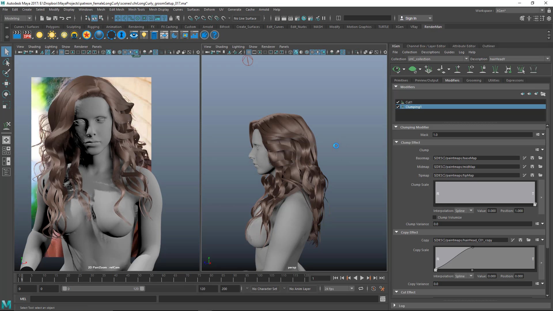 8. character grooming - IGS - female long hair curly - core xgen guide clumping pass final part ...