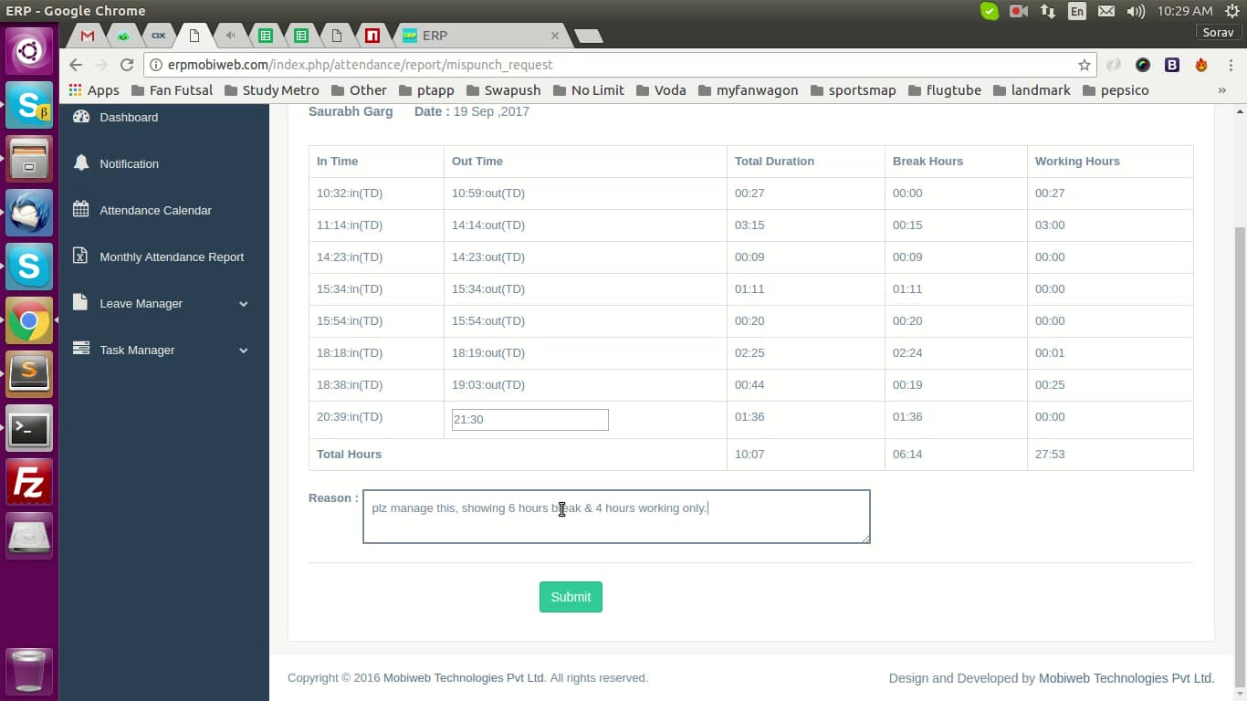 unable to submit mispunch request on Vimeo
