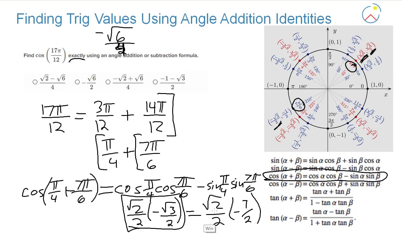 Finding Trig Values Using Angle Addition Identities on Vimeo