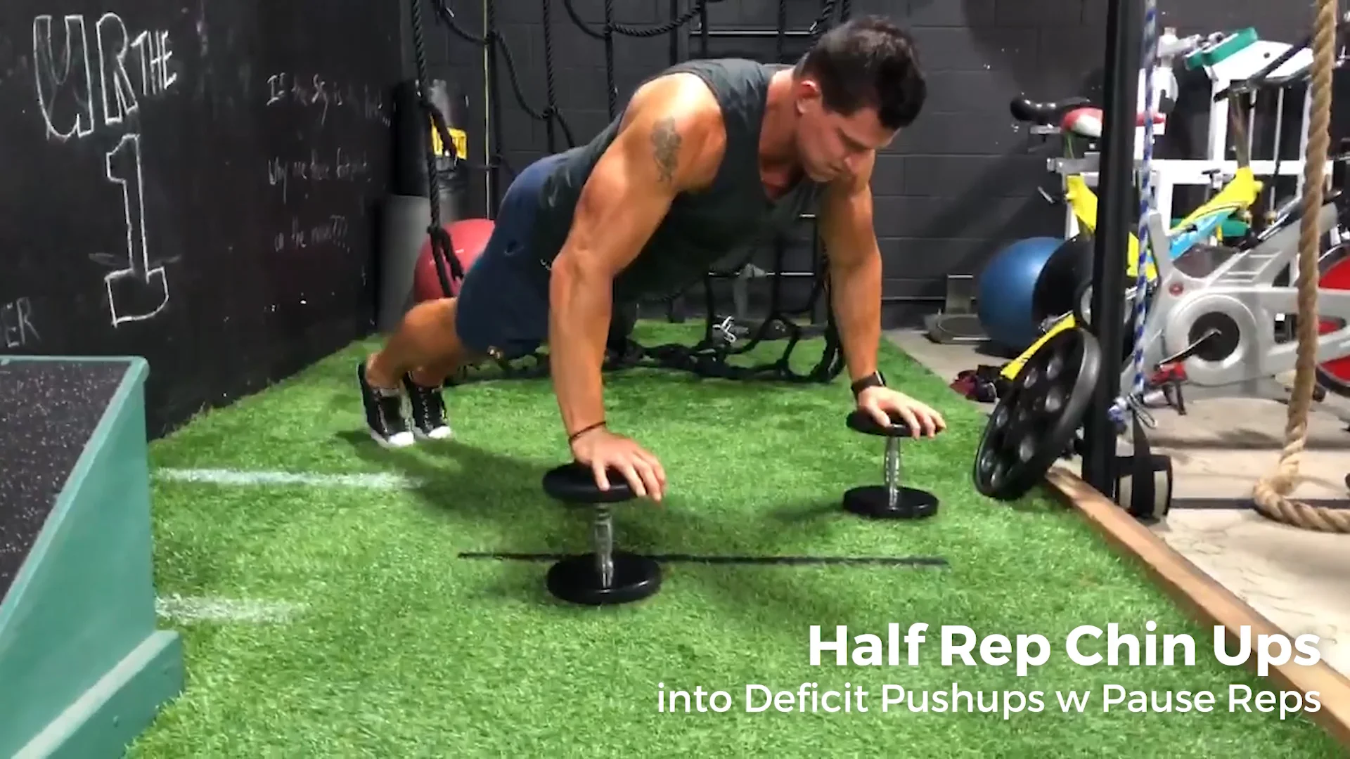 Half Rep Chin Ups into Deficit Pushups w Pause Reps