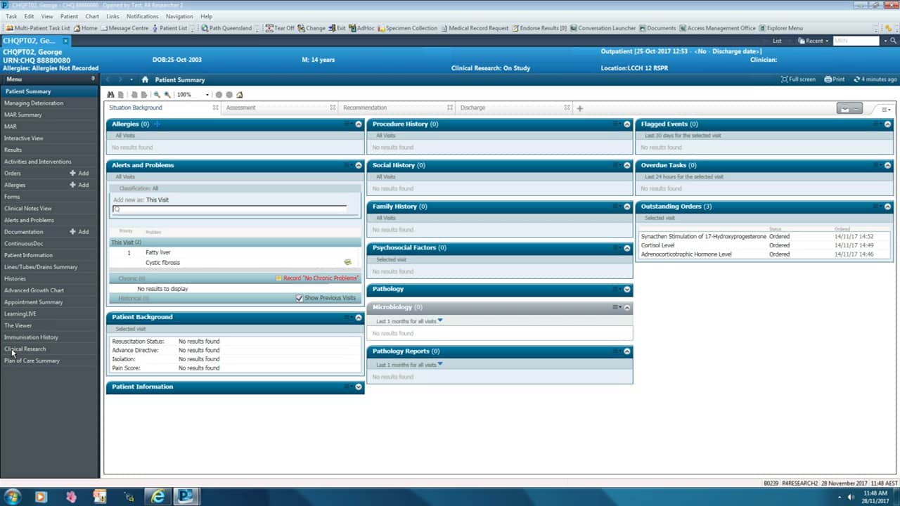 ieMR Advanced Power Trials clinical research tab and pre-screen button ...