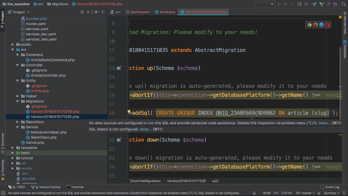 Database Migrations > Doctrine & the Database in Symfony 4 | SymfonyCasts Database Migrations > Doctrine & the Database in Symfony 4 | SymfonyCasts