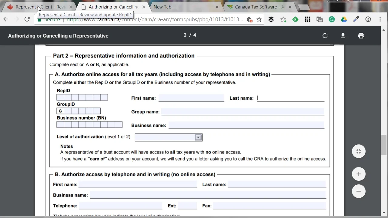Step 1a- Set up Personal Rep ID CRA Authorization to Represent Client