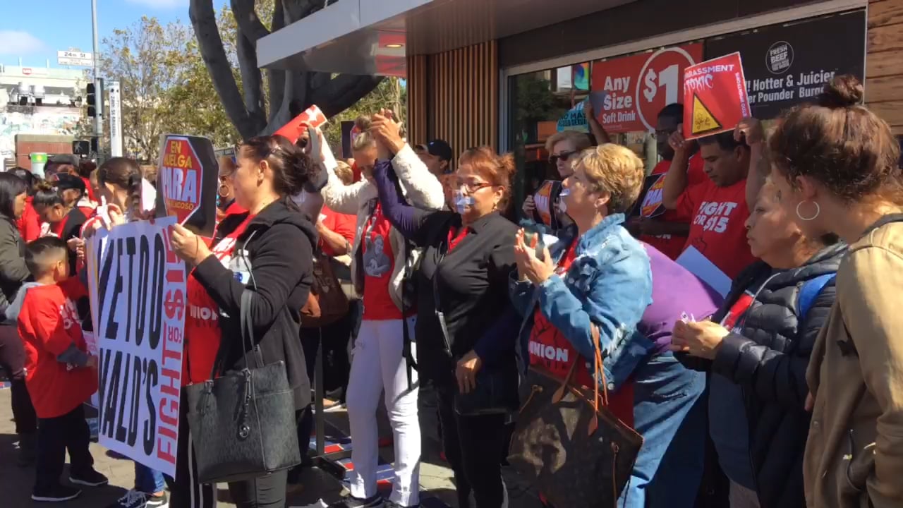 Fast food workers protest workplace sexual harassment in front of 24th ...