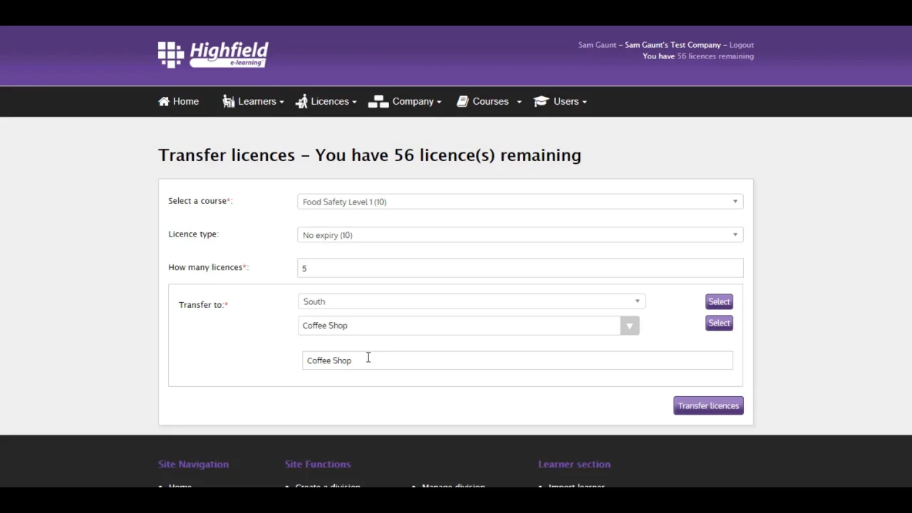 Highfield e-learning - Transfer licences to another tier