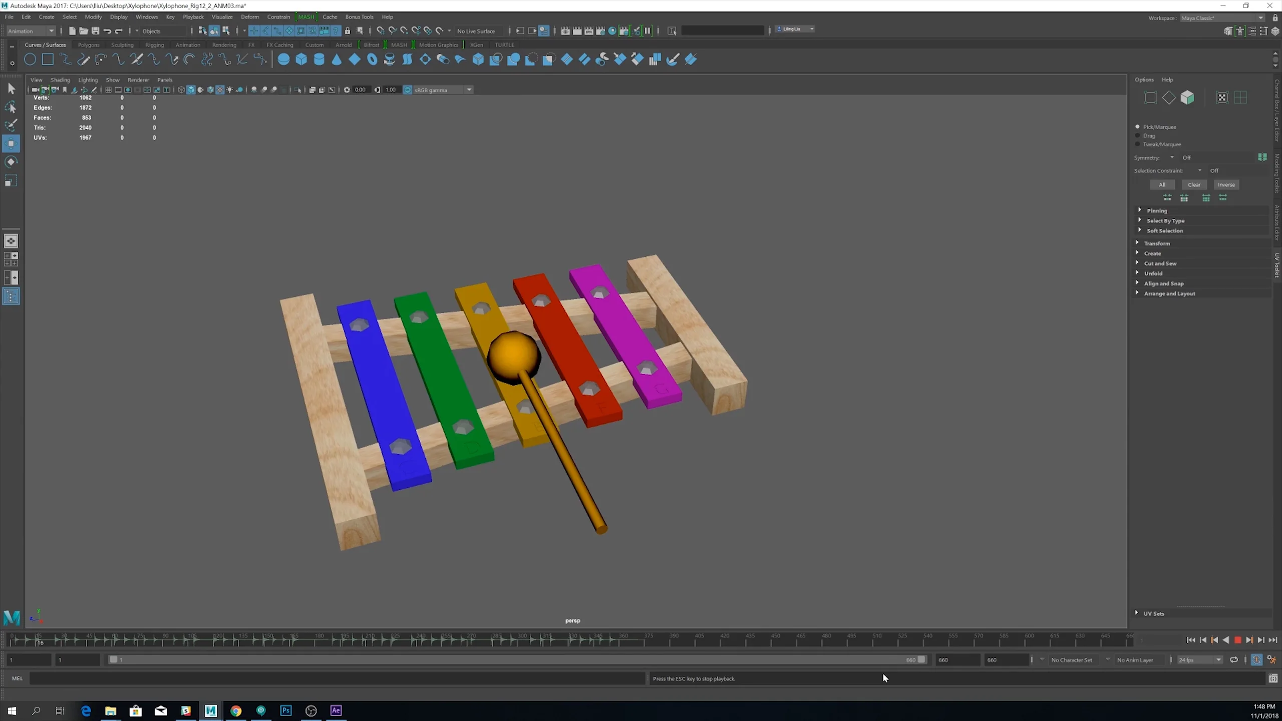 Five-note xylophone animation in Maya