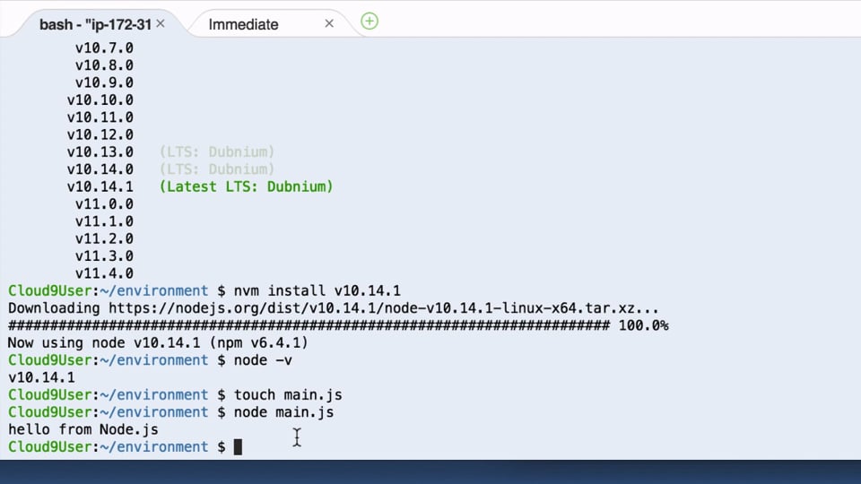 #10 Node.jsを更新していこう | AWS Cloud9入門 - プログラミングならドットインストール