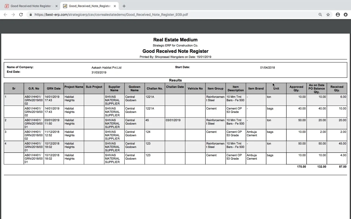 Goods Received Note Register
