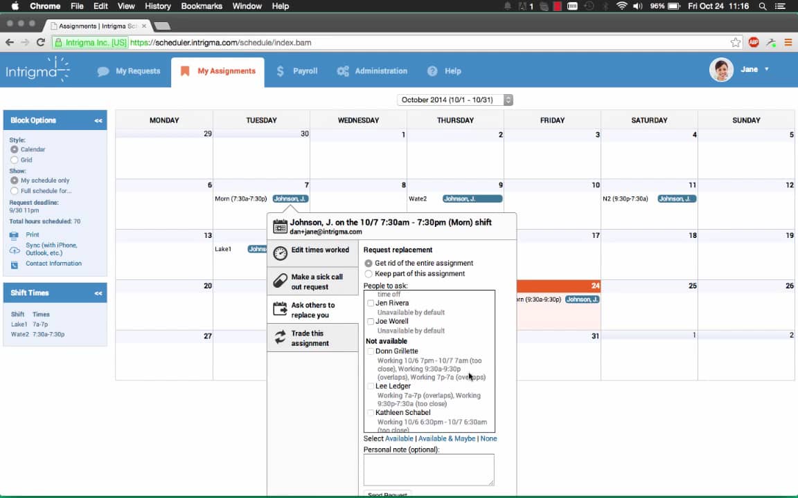 Intrigma Scheduler: Swapping assignments (trading shifts) on Vimeo