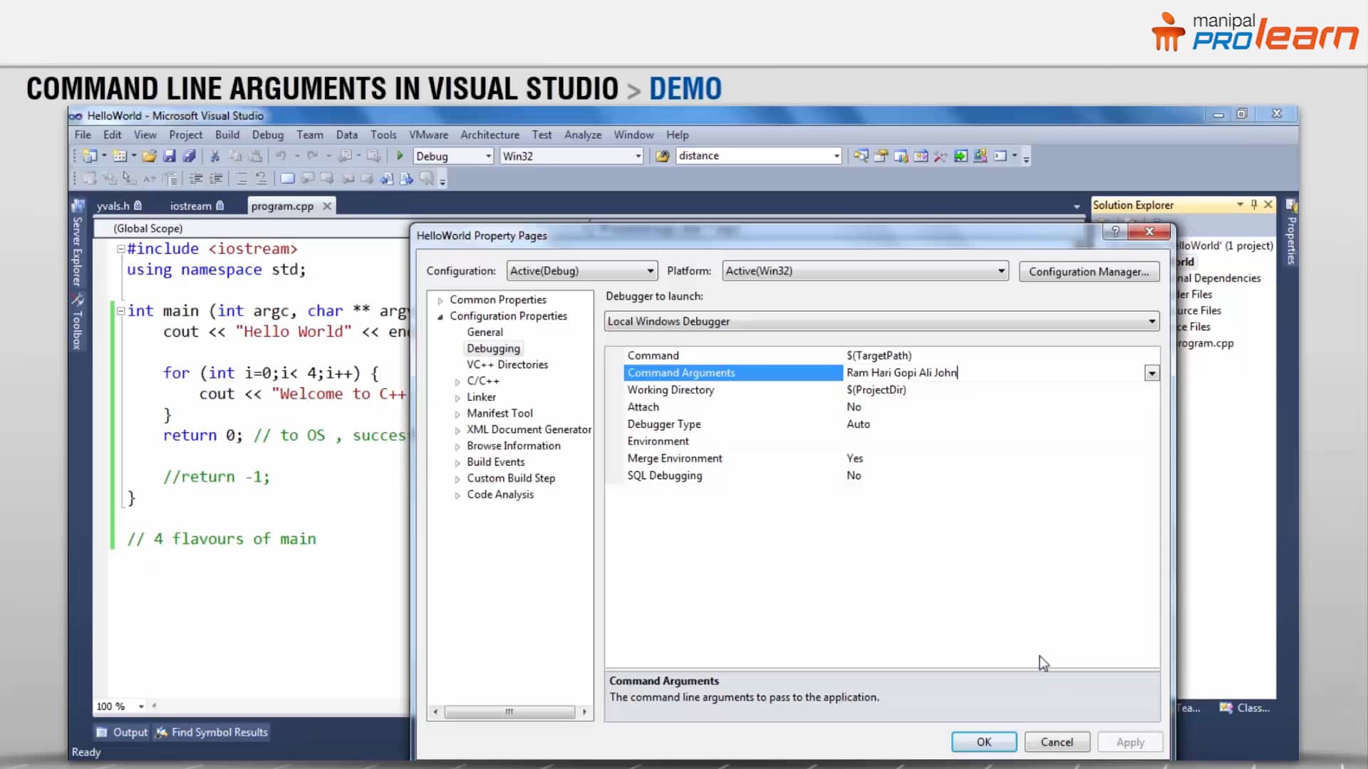 M2L1L7-Command Line Arguments in Visual Studio Demo on Vimeo