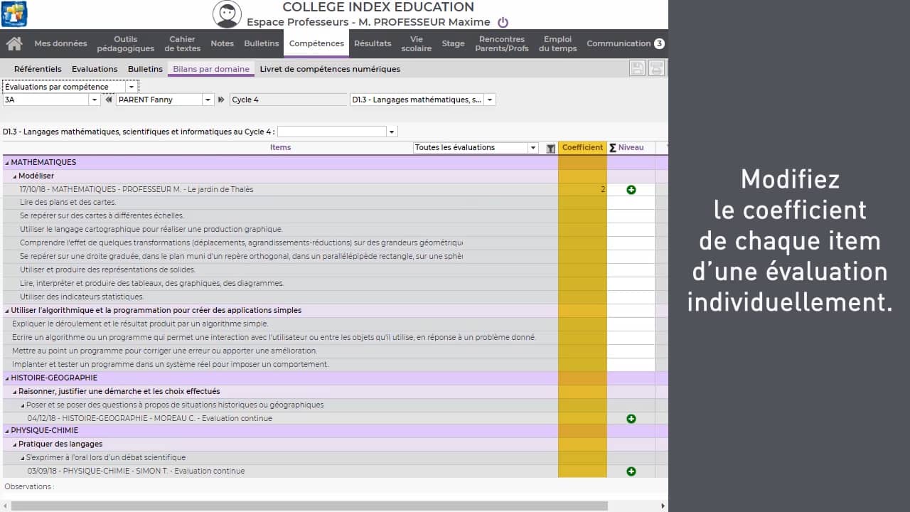 Nouveauté PRONOTE 2019 : affectation d'un coefficient à chaque ...