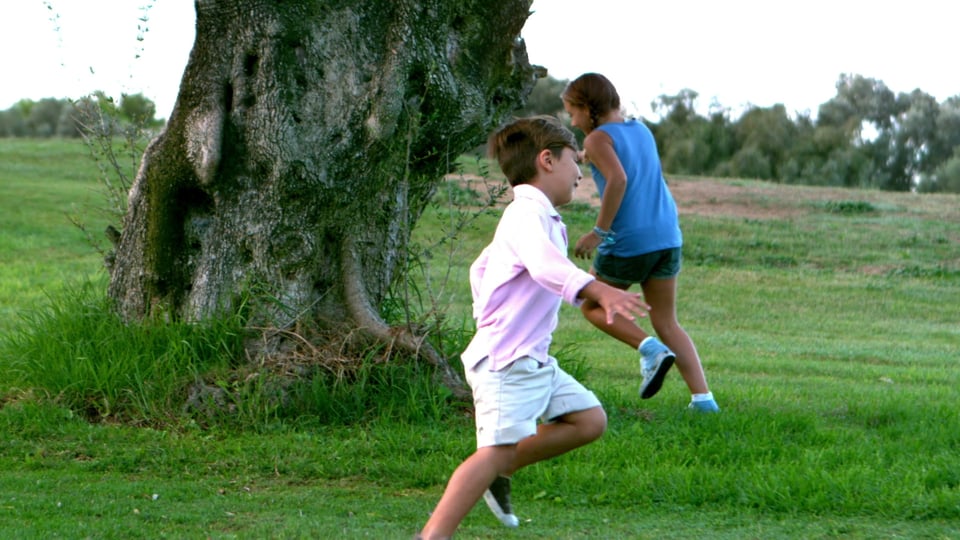 Young boy running around a big tree with sister Video from Pikwizard