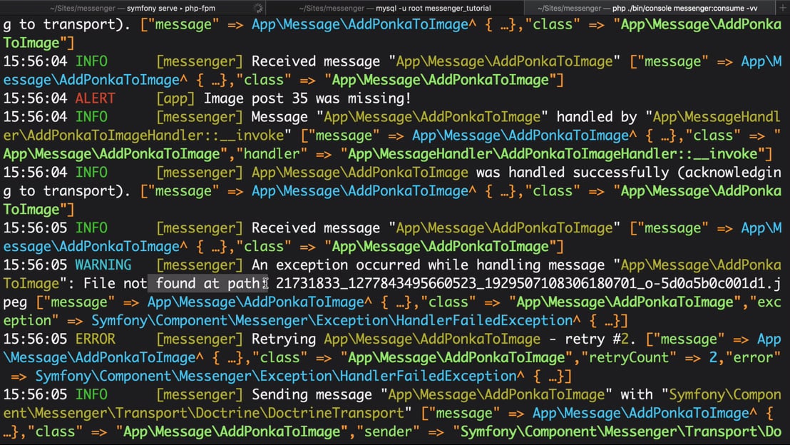 Passing Entity Ids inside of Messages > Messenger! Queue work for Later | SymfonyCasts