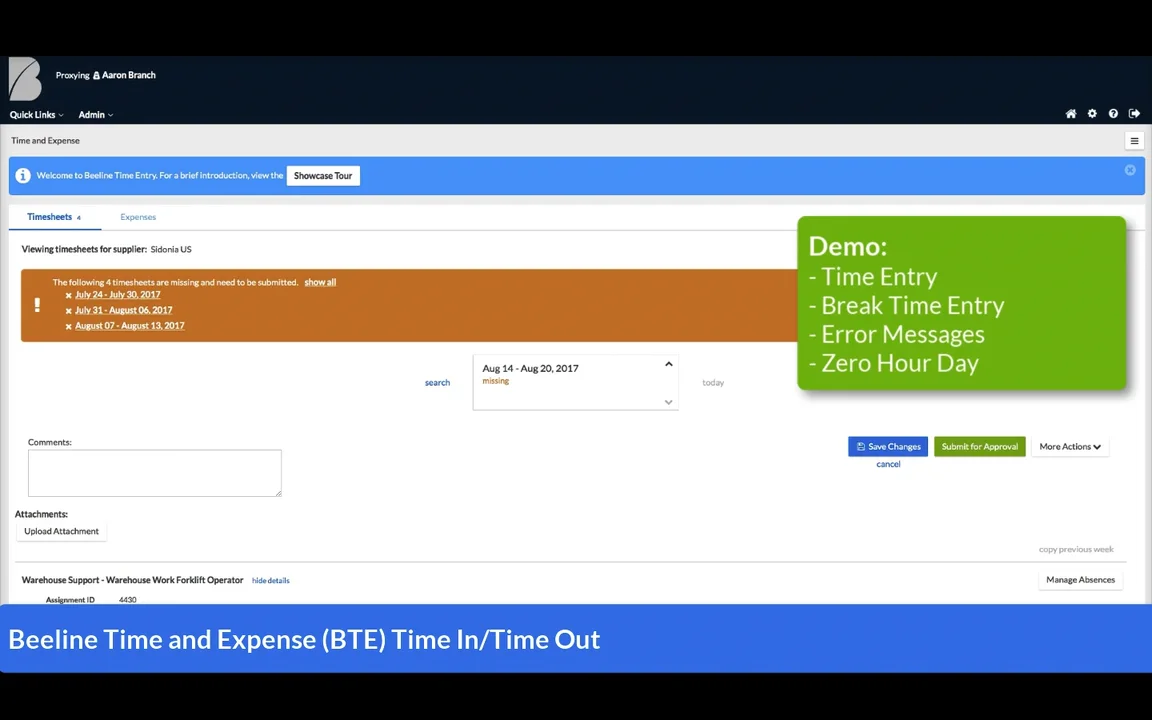 Beeline Time and Expense Time In/Time Out