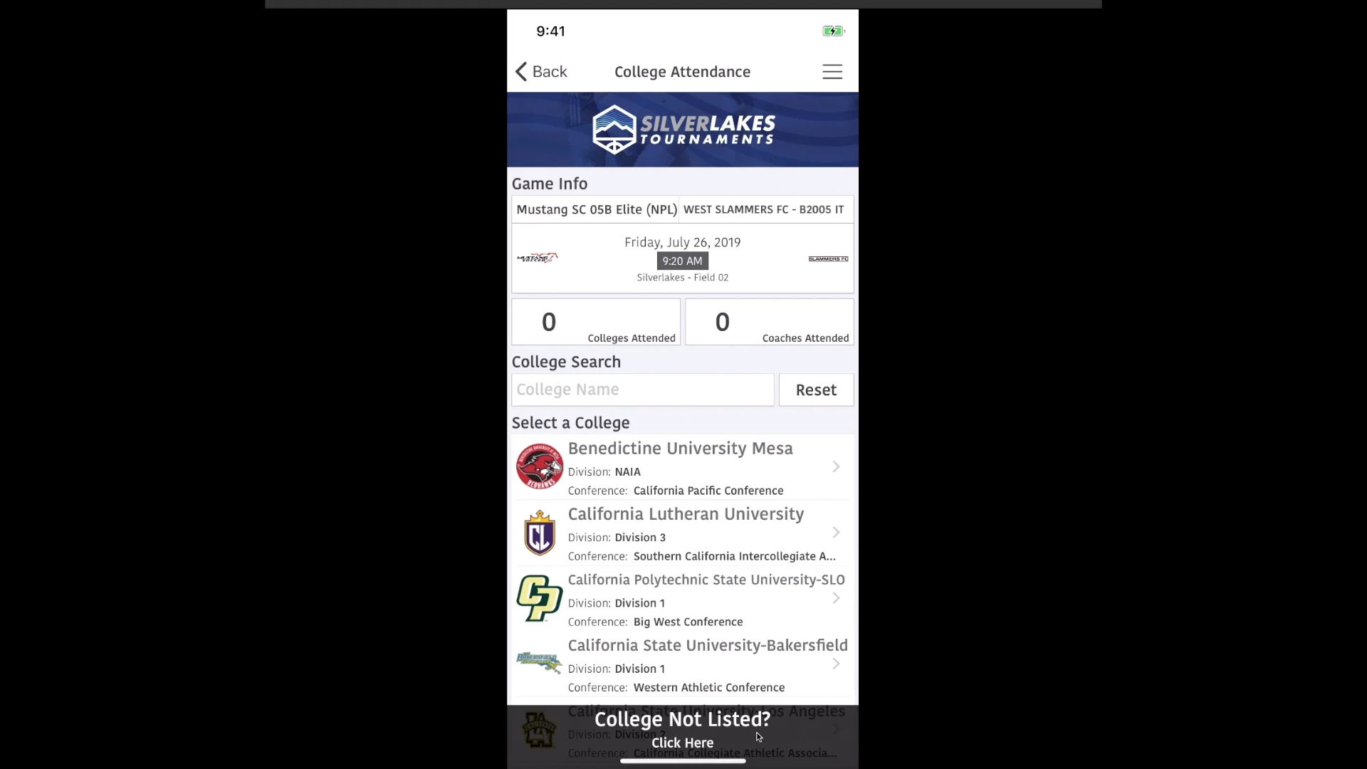 Sideline College Coach Check In - Mobile App
