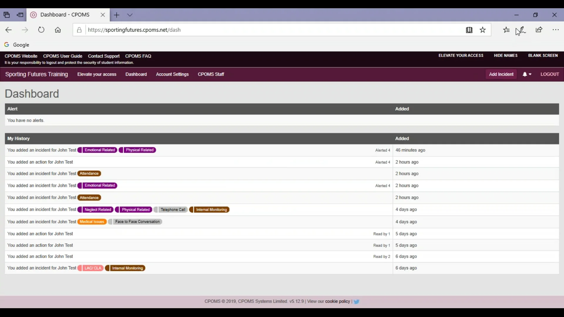 logging into CPOMS for the first time and using the dashboard
