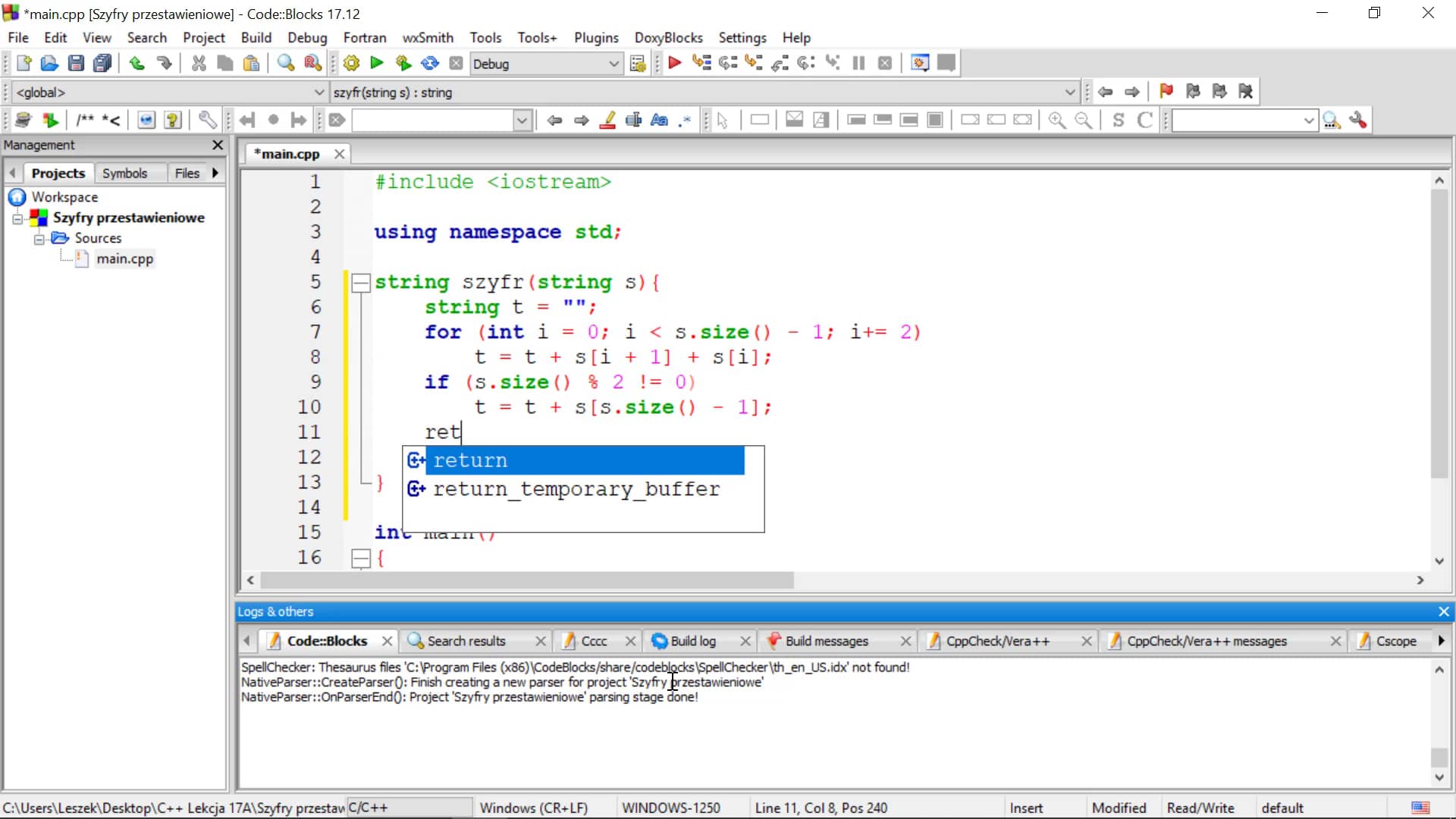 Programowanie w C++. Szyfr przestawieniowy on Vimeo