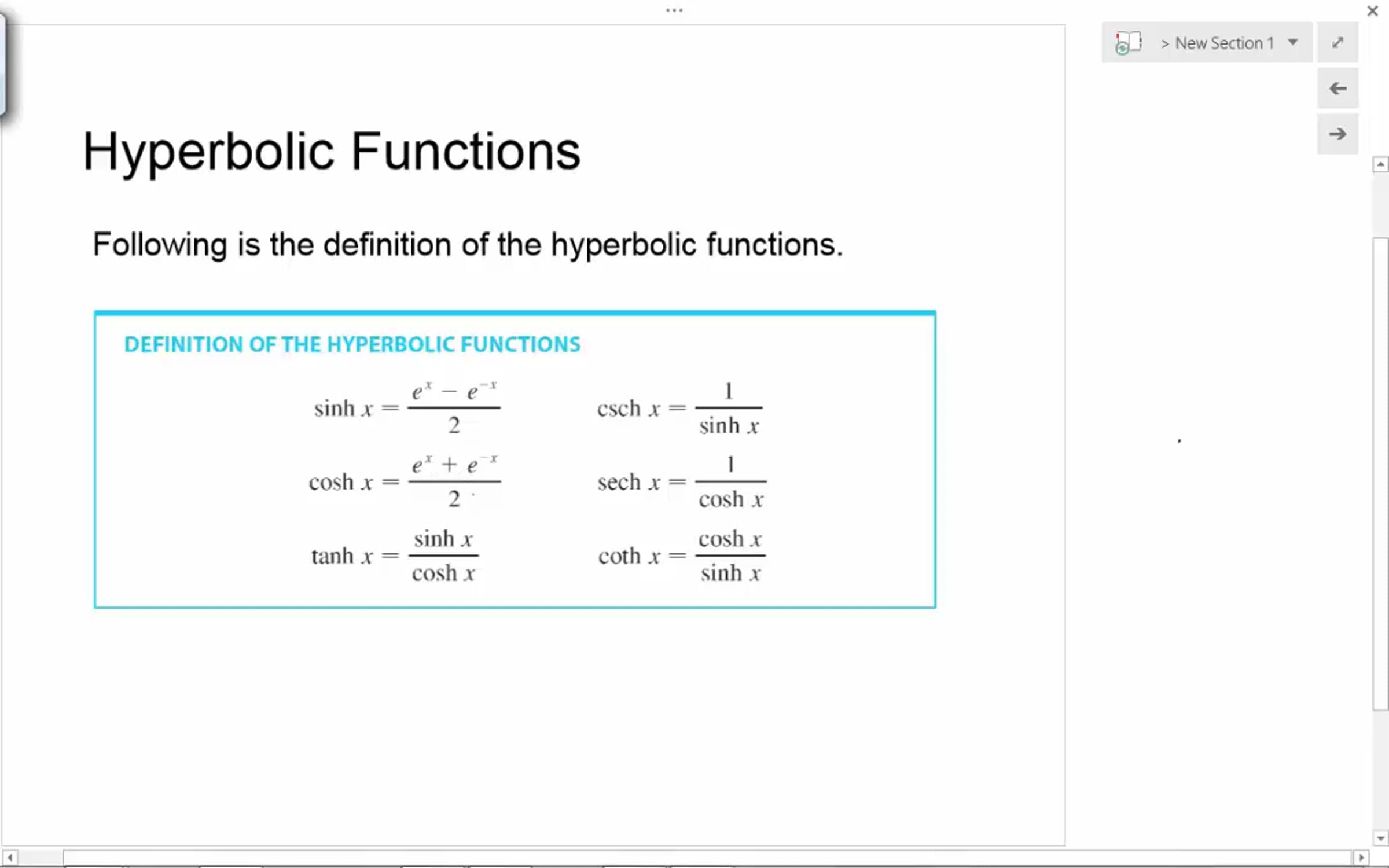 Hyperbolic Trig Functions