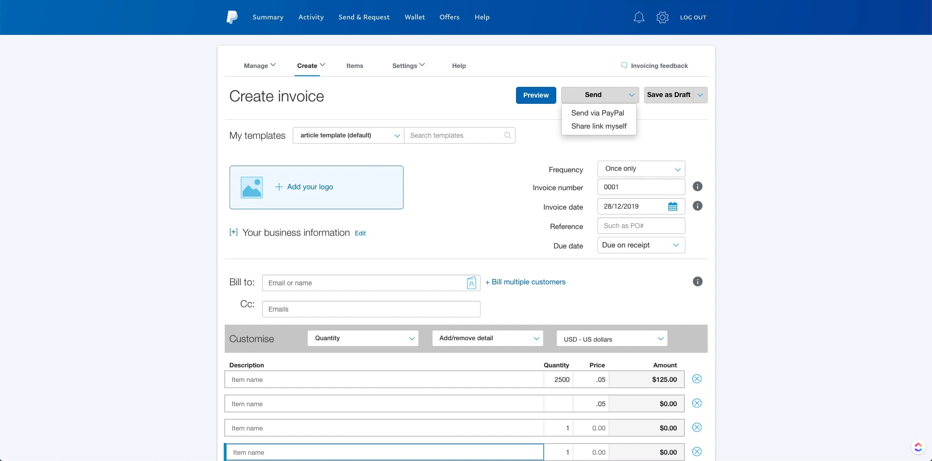 create a invoice on Vimeo