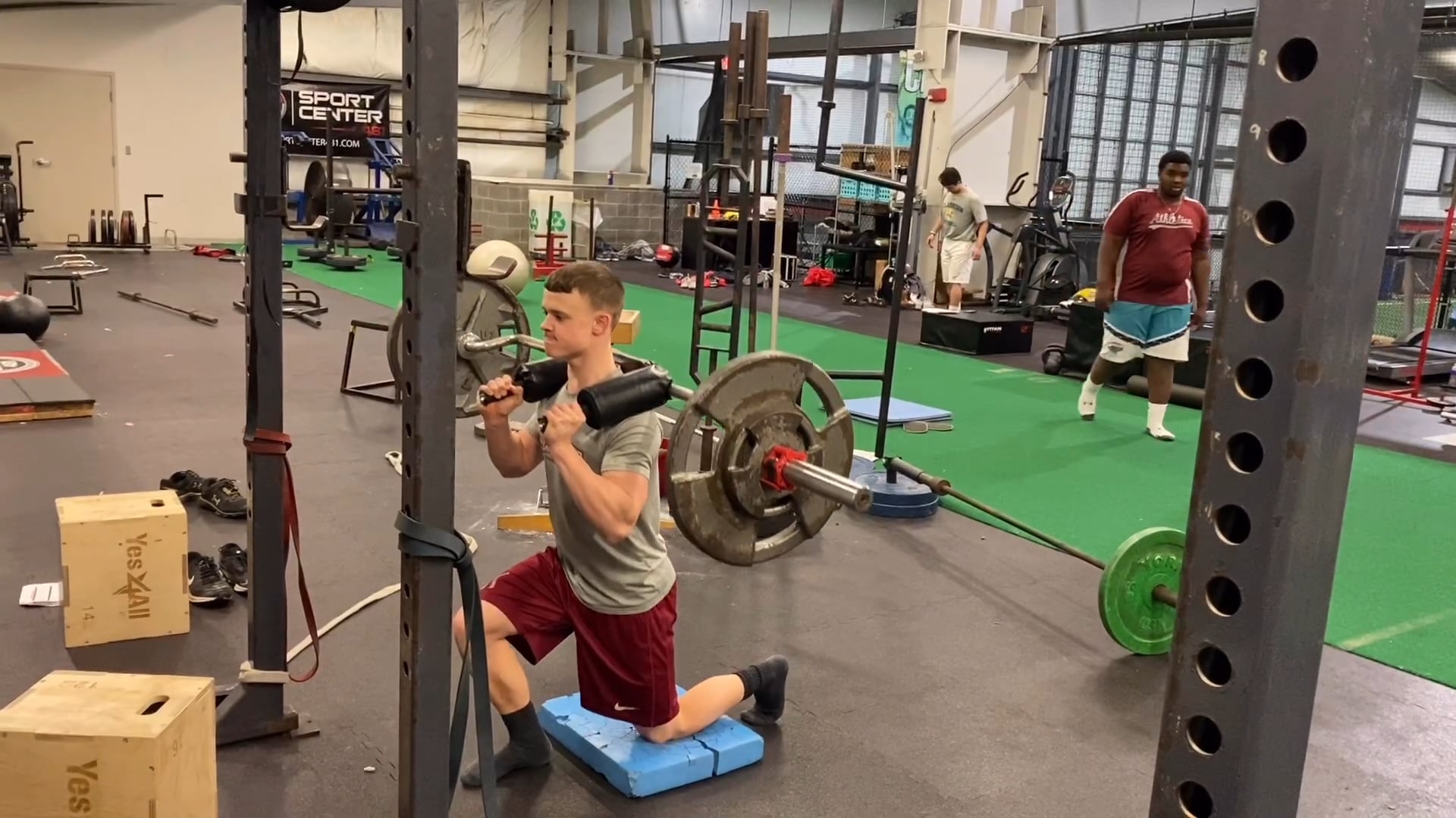 Safety bar reverse lunge into a side shuffle shot put toss on Vimeo