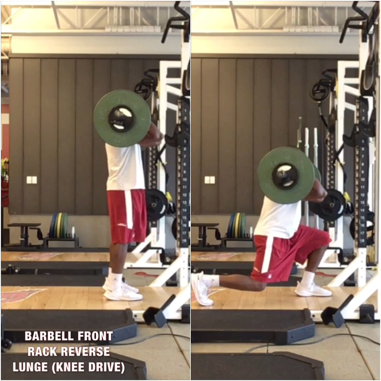 Barbell Front Rack Reverse Lunge (Knee Drive) on Vimeo