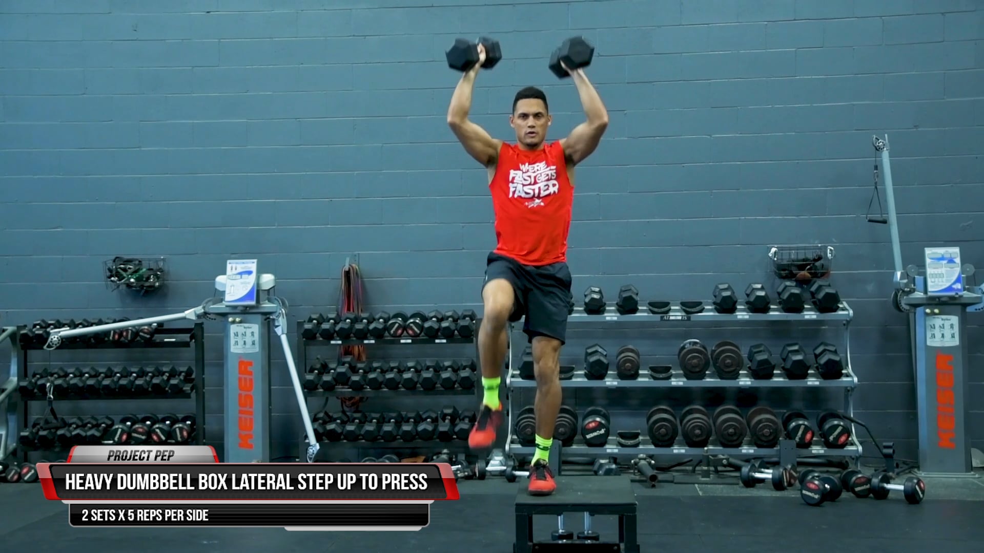 Heavy Dumbbell Box Lateral Step Up to Press on Vimeo