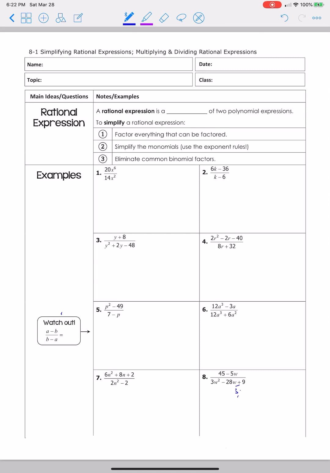 Algebra 2 Unit 8-1 Simplifying Rational Expressions; Multiplying ...