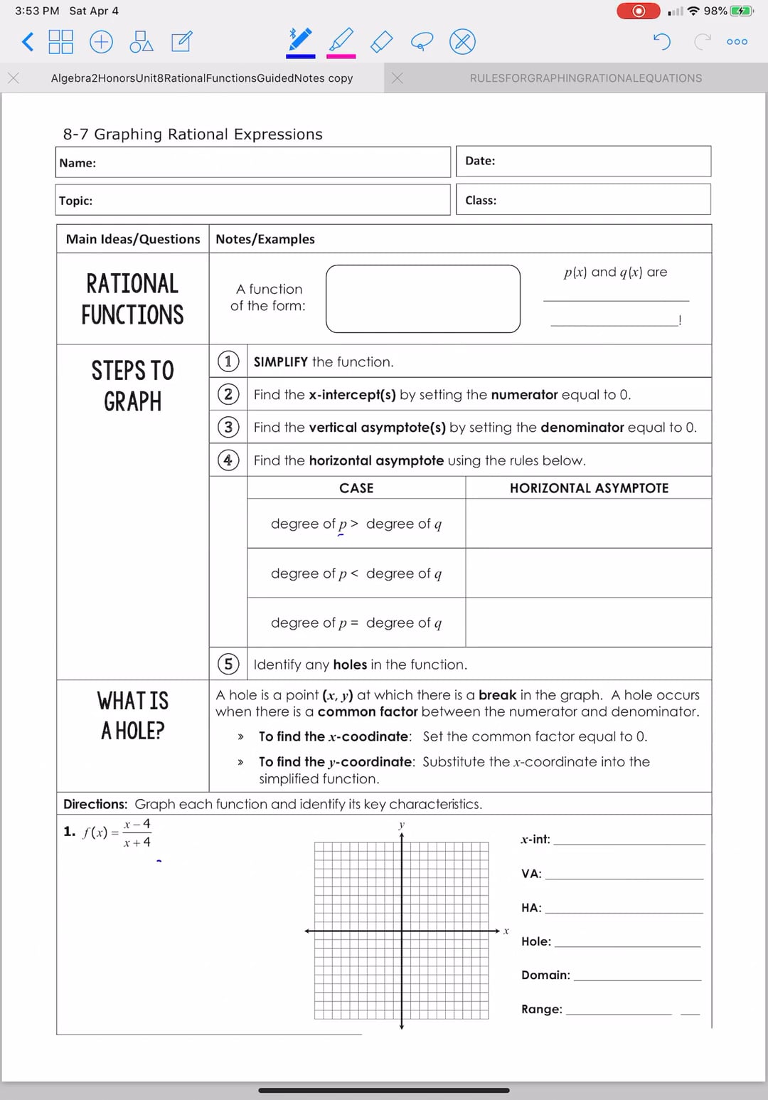 Algebra 2 Unit 8-7 Graphing Rational Functions