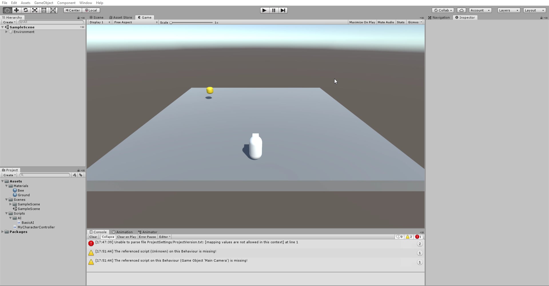 Unity 2018.4.16f1 Personal - SampleScene.unity - AIForFinalProject - PC, Mac & Linux Standalone ...