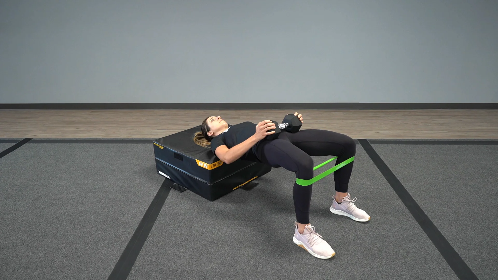 DB + Plyo Box Banded Glute Bridge on Vimeo