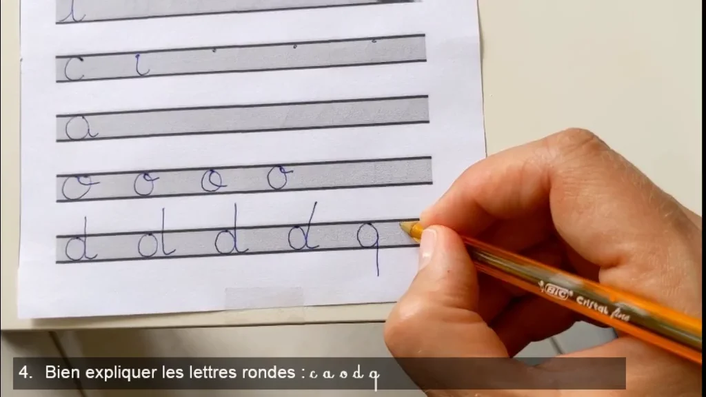 Bien expliquer comment écrire les lettres rondes c a o d q en écriture ...