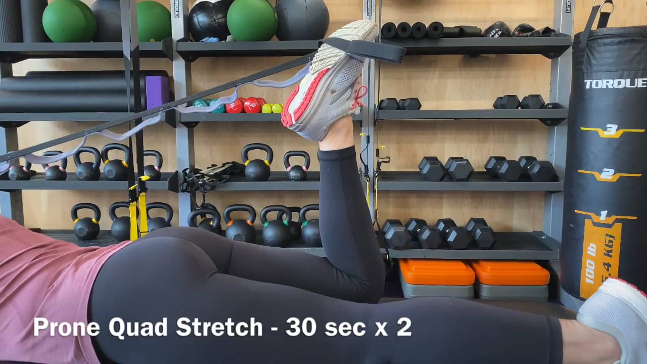 Phase 1 ACL Prone Quad Stretch with Strap - Post Op on Vimeo