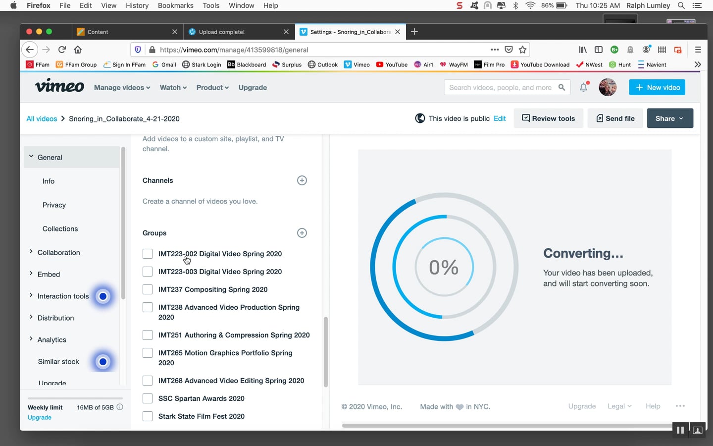 Adding Vid to groups on Vimeo