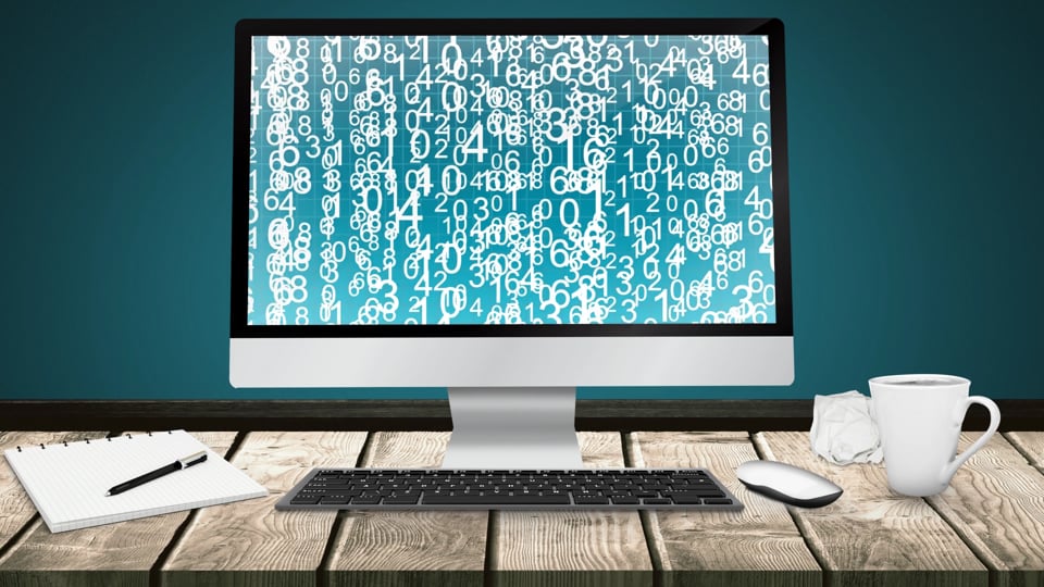 Animation of a computer monitor showing floating changing number on the ...