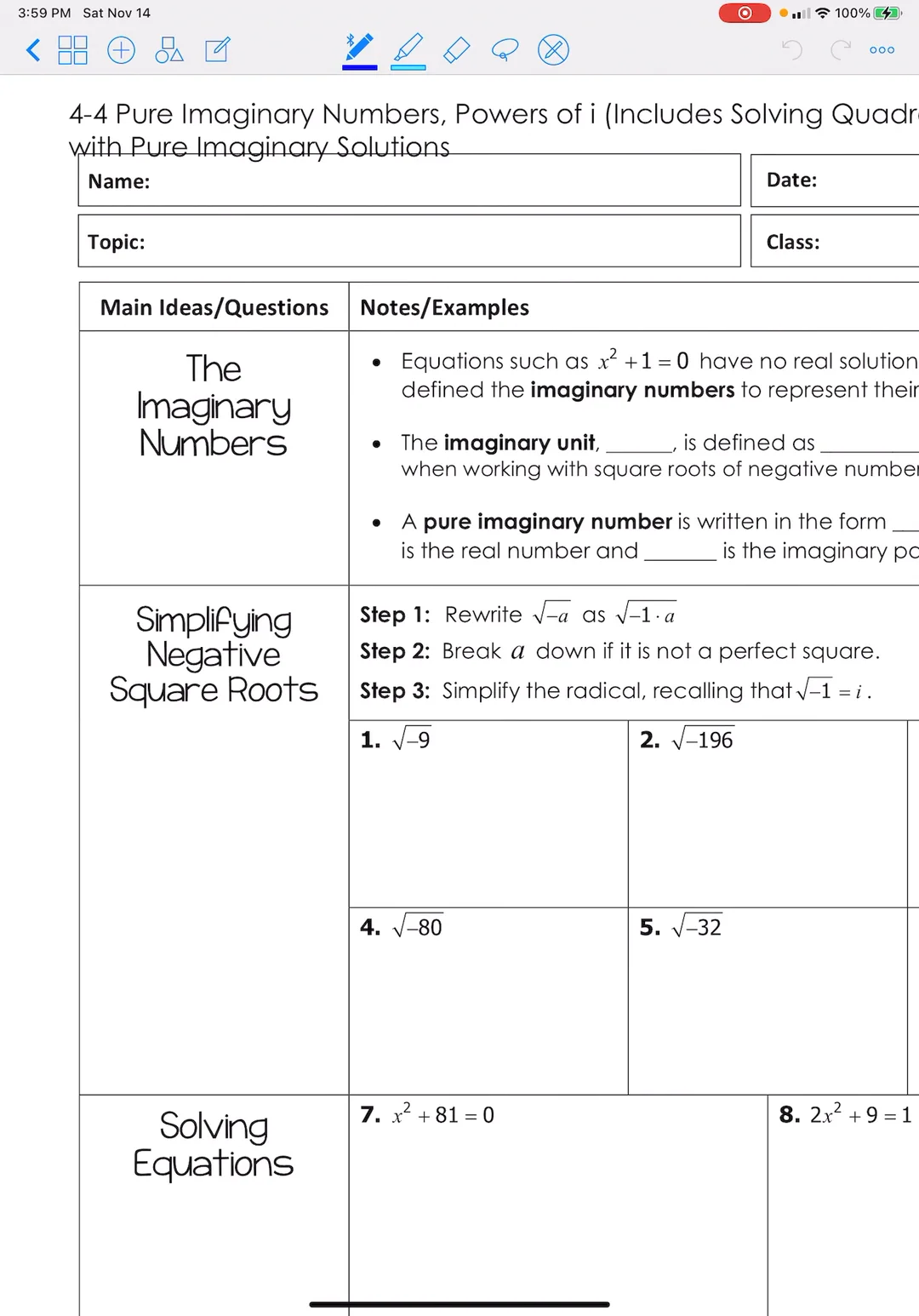 Algebra 2 Unit 4.4 Pure Imaginary Numbers & Powers of I on Vimeo